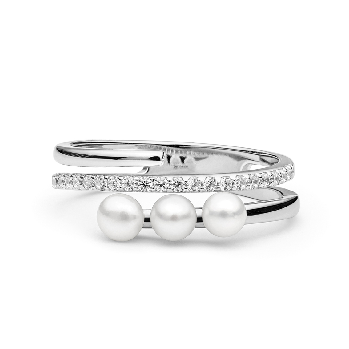 Inel cu perle naturale albe din argint si cristale Trilogy DiAmanti ...