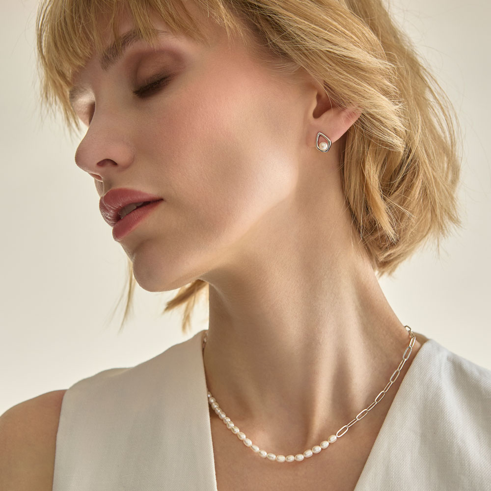 Colier argint cu zale mari si perle naturale albe DiAmanti 242-09_W-G ...