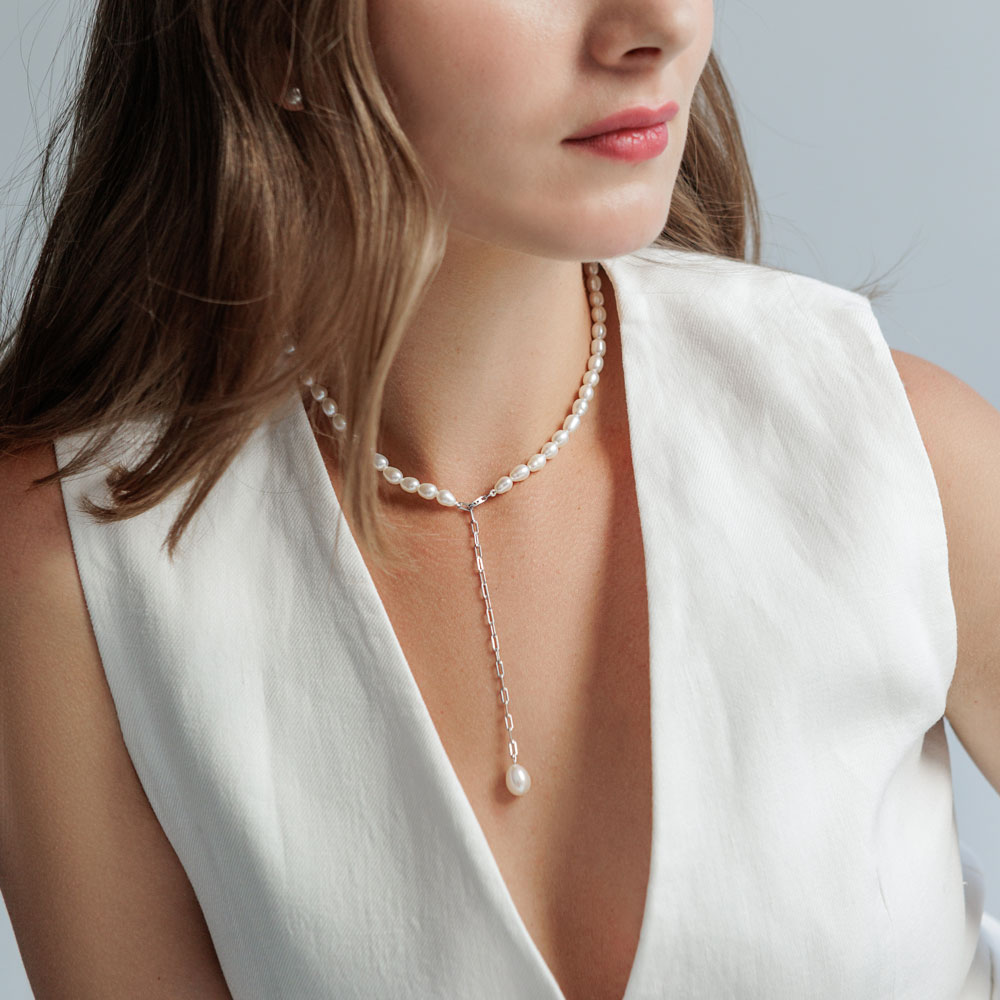 Colier perle naturale albe cu extensie argint cu zale mari DiAmanti 244 ...