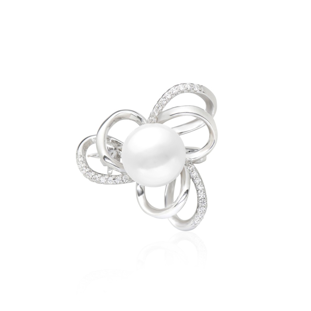 Brosa argint cu perla naturala alba si pietre DiAmanti SK17222BR_W-G ...