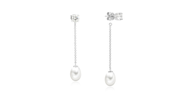 Cercei argint lungi cu lantisor, perle naturale si cristale DiAmanti ...