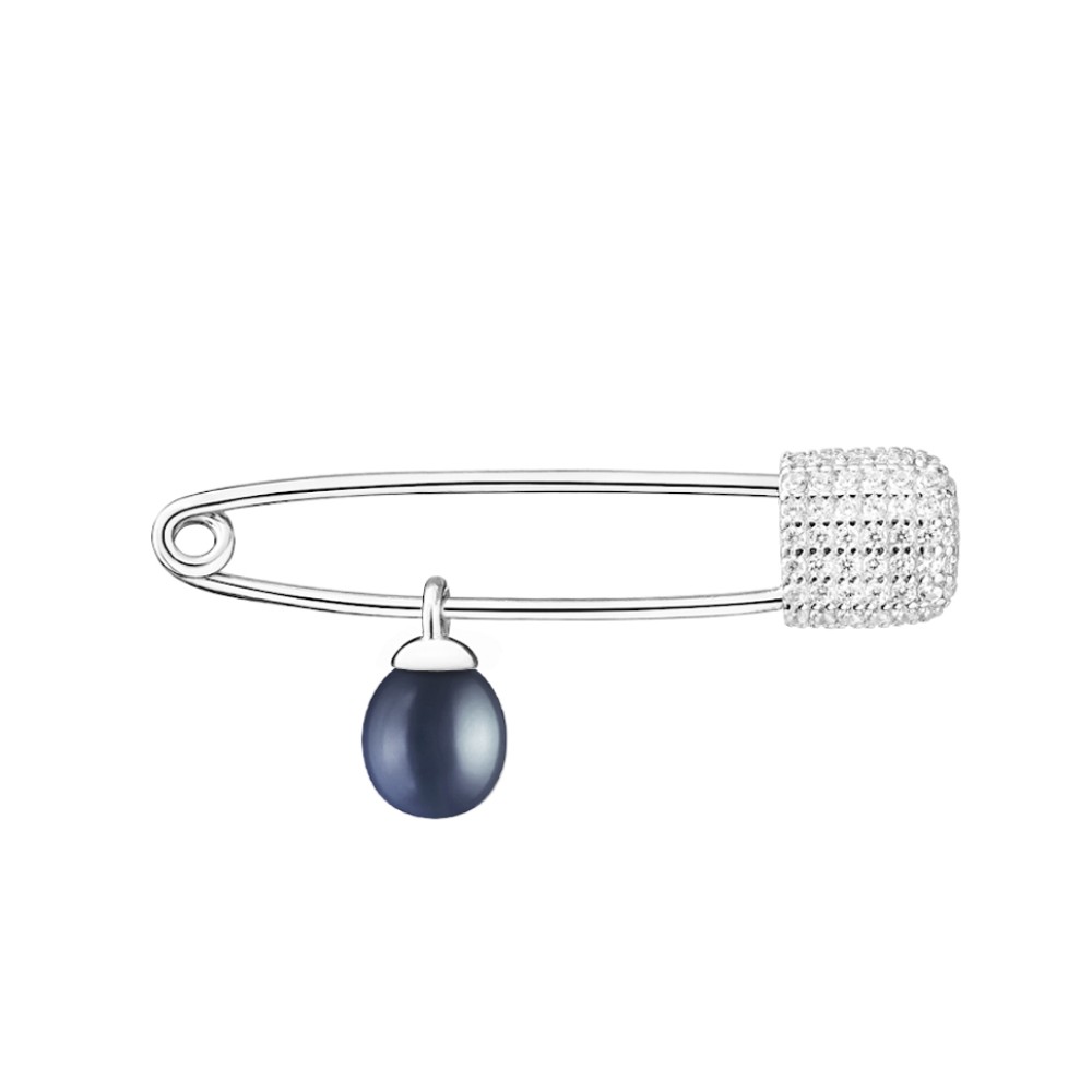 Brosa argint cu perla naturala neagra model ac de siguranta DiAmanti ...