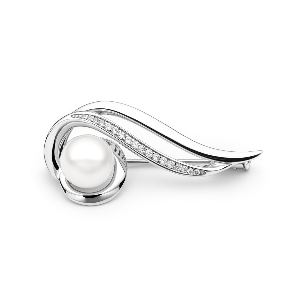 Brosa argint cu perla naturala alba si pietre DiAmanti SK21249BR_W-G ...