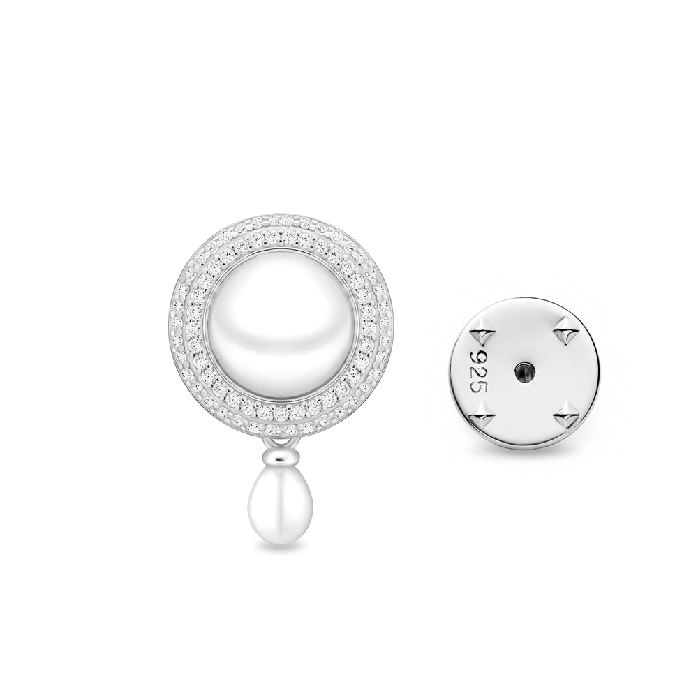 Brosa argint cu perle naturale albe si cristale, cu inchidere tip pin ...
