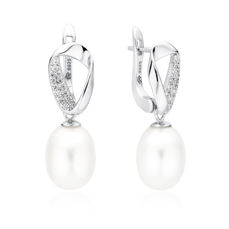 Cercei argint lungi cu perle naturale albe si pietre, cu tortita DiAmanti SK21497EL_W-G ...