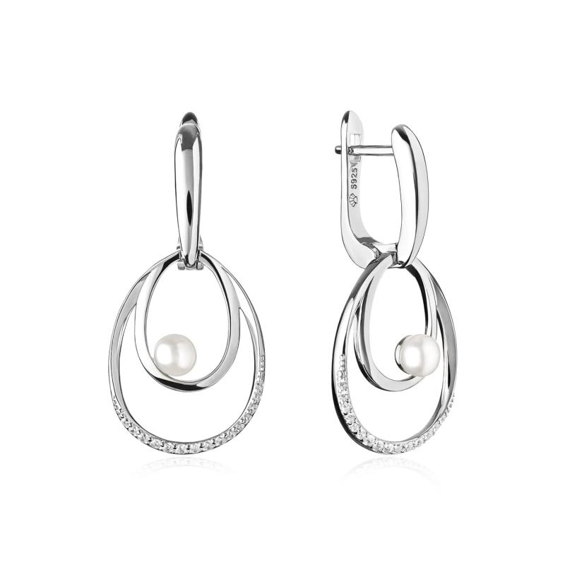 Cercei argint lungi cu perle naturale albe si cristale cu tortita DiAmanti SK20202EL_W-G ...