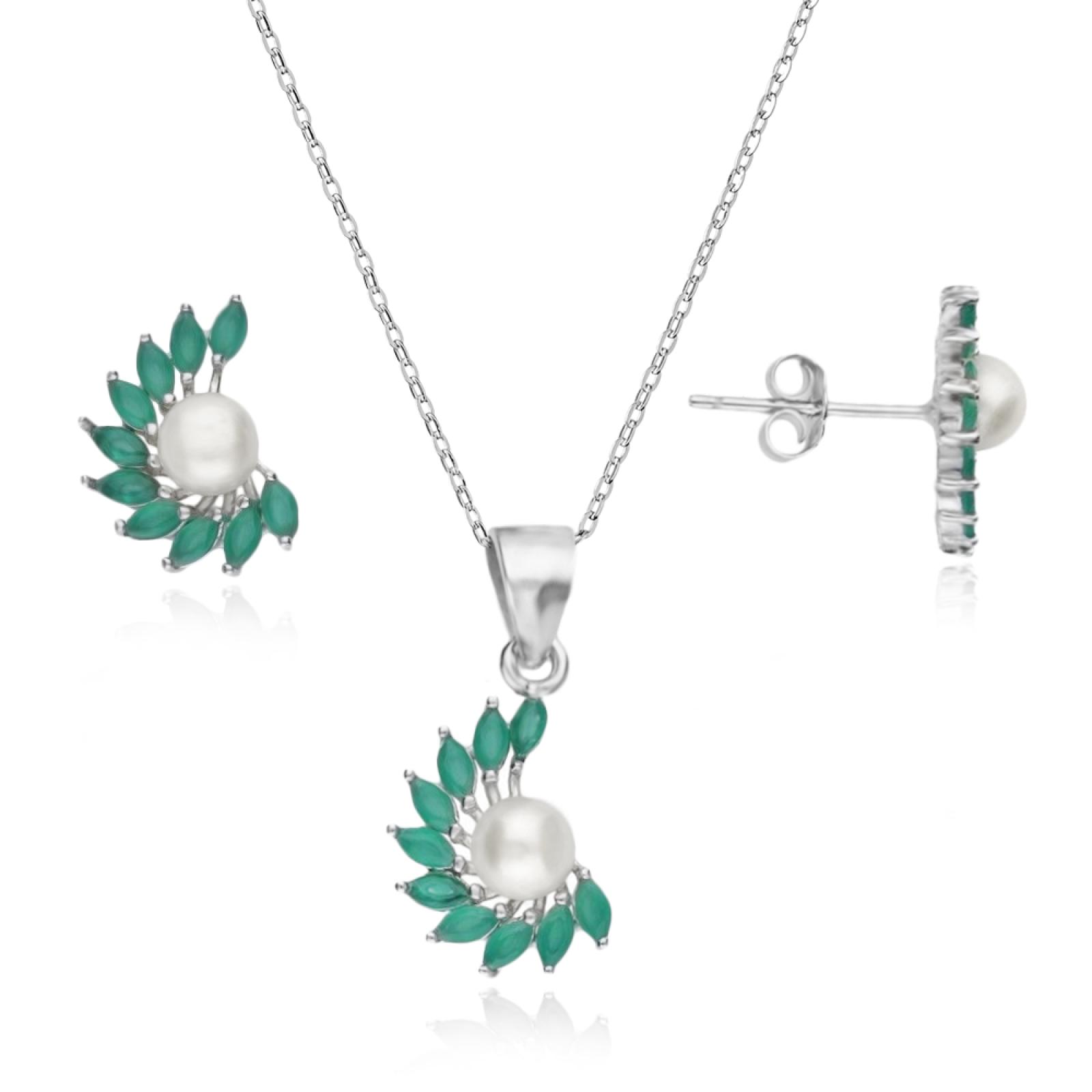 Set argint cercei si lantisor cu perle si pietre verzi DiAmanti AS4892 ...
